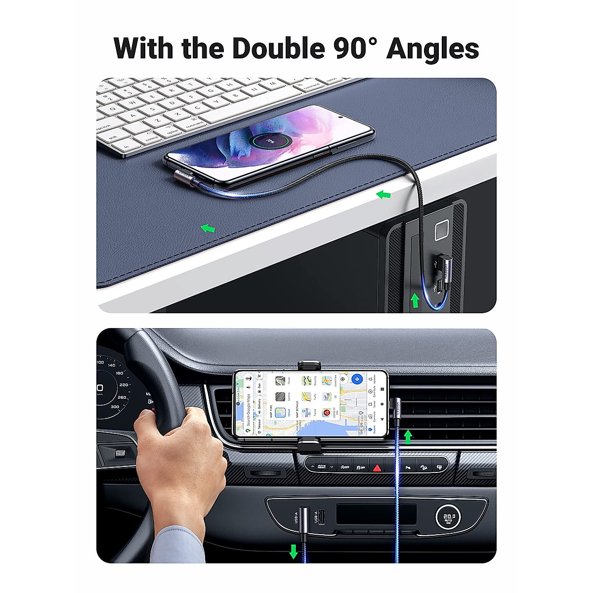 UGREEN USB to USB C Cable 2-Pack 90 Degree USB C Fast Charging Cord Compatible with iPhone 15/15 Plus/15 Pro/15 Pro Max/Samsung Galaxy S10/S10+/Pixel 7/6a/LG G8/G7/Pixel/Switch, etc. 6.6FT