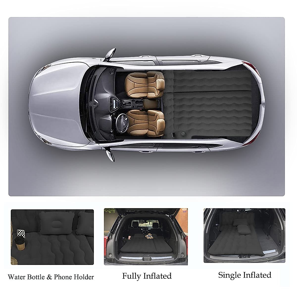 Canodoky SUV Air Mattress, Inflatable Car Mattress Bottle and Phone Holder Thickened Flocking & PVC Surface Car Air Mattress with Electric Air Pump Travel Mattress for Car Camping Road Trip (Black)