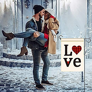 Garden Flag Double Sided, Buffalo Plaid Red Heart Love Valentines Day Flag Yard Outdoor Decoration, Holiday Spring Seasonal Small Vertical Banner Sign Anniversary Wedding Valentine 12.5 x 18.5 Inch