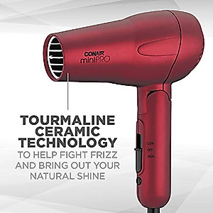 Conair miniPRO Tourmaline Ceramic Travel Hair Dryer with Folding Handle, Red