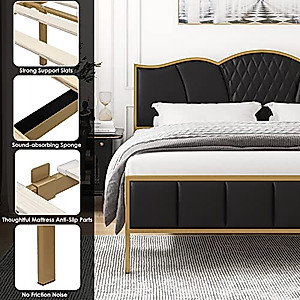 HITHOS King Size Bed Frame, Modern Upholstered PU Bed Frame with Tufted Headboard, Heavy Duty Platform Bed with Wood Slat Support, Noise Free, No Box Spring Needed (Black, King)