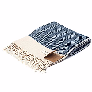 Smyrna Original Turkish Throw Blanket Herringbone Series | 100% Cotton, 50 x 60 Inches | Vintage Boho Throw Blankets for Couch, Sofa, Farmhouse and Home Decor | Lightweight and Super Soft (Navy)
