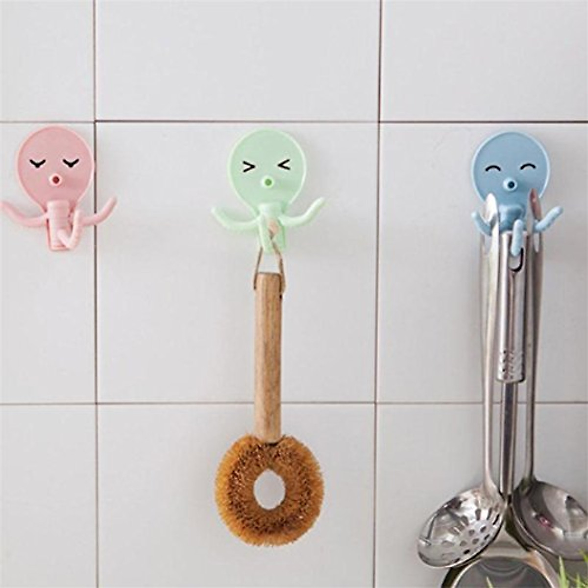 Colorido Cute Cartoon Octopus Kitchen Bathroom Strong Adhesive Towel Hook Wall Hanger Size Medium (Blue)
