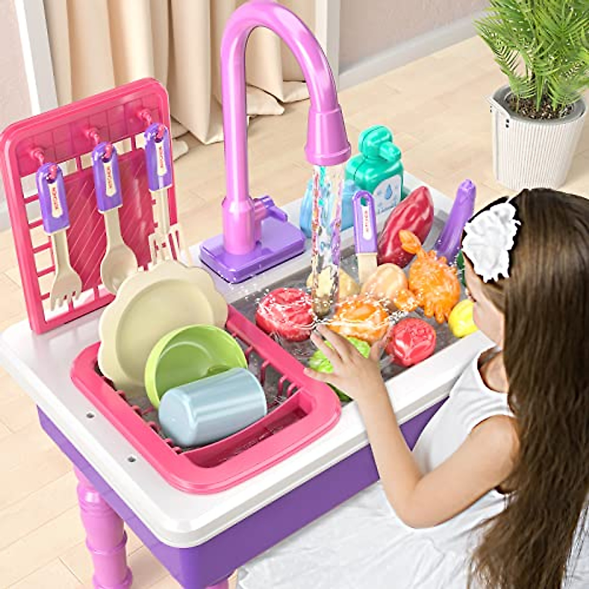 SmartChef Play Kitchen Sink Toys , Electric Dishwasher Playing Toy with Running Water, Play Food & Tableware Accessories, Kitchen Set Toys, Role Play Sink Set for Toddlers Kids Boys Girls