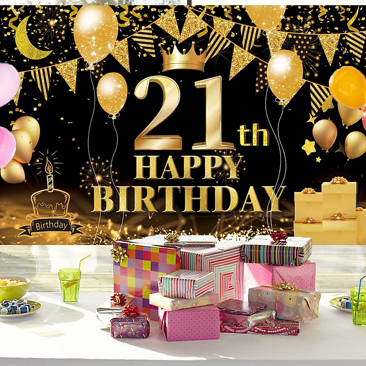 Happy 21th Birthday Backdrop Banner Black Gold 21th Sign Poster 21 Birthday Party Supplies for Anniversary Photo Booth Photography Background Birthday Party Decorations, 72.8 x 43.3 Inch