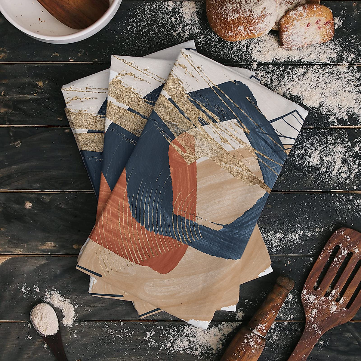 Kitchen Towels Dish Towel Set of 3,Abstract Geometric Mid Century Tropical Leaf Absorbent Hand Towels Cleaning Dishcloth Tea Towels,Terracotta Color Block Minimalist Reusable Drying Dish Cloths