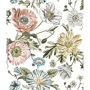 RoomMates RMK12281PL Vintage Poppy Peel and Stick Wallpaper, 20.5 inches Wide x 18 feet, Pink/Green, 30 Sq Ft