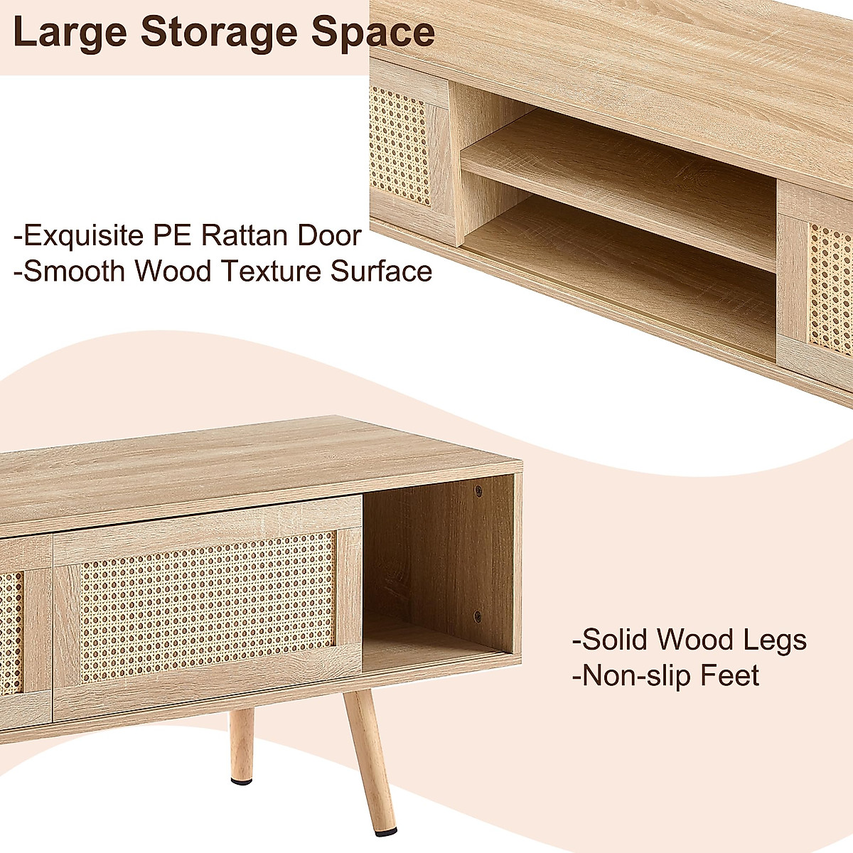 Rattan TV Stand Entertainment Center, 55" L TV Console Table Storage Cabinet Wooden Sliding Doors Plastic Rattan for Living Room Farmhouse Furniture (oak-55)