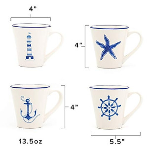 Euro Ceramica Ahoy Collection Nautical Ceramic Coffee/Tea Mugs, 13.5oz, Set of 4, Assorted Designs, Blue & White
