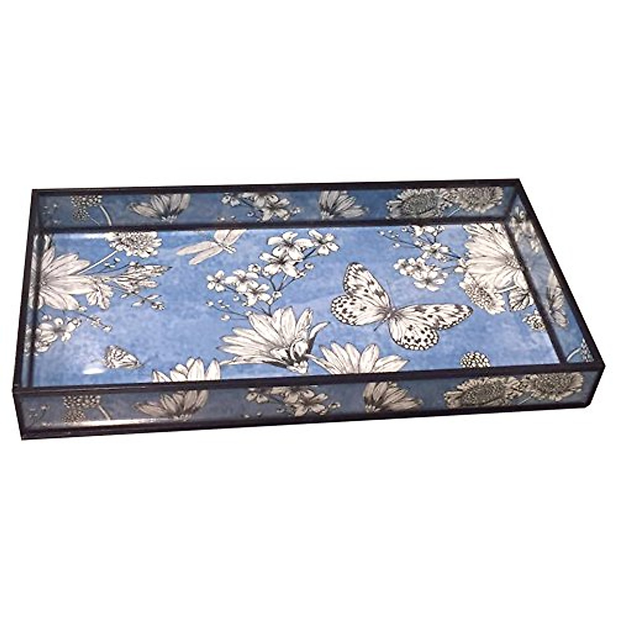 nu steel Decorative Glass Blue Printed Floral Tray, Hand Storage, Towel Rack, Sturdy Holder for Disposable Paper Napkins-Bathroom Vanity Countertop