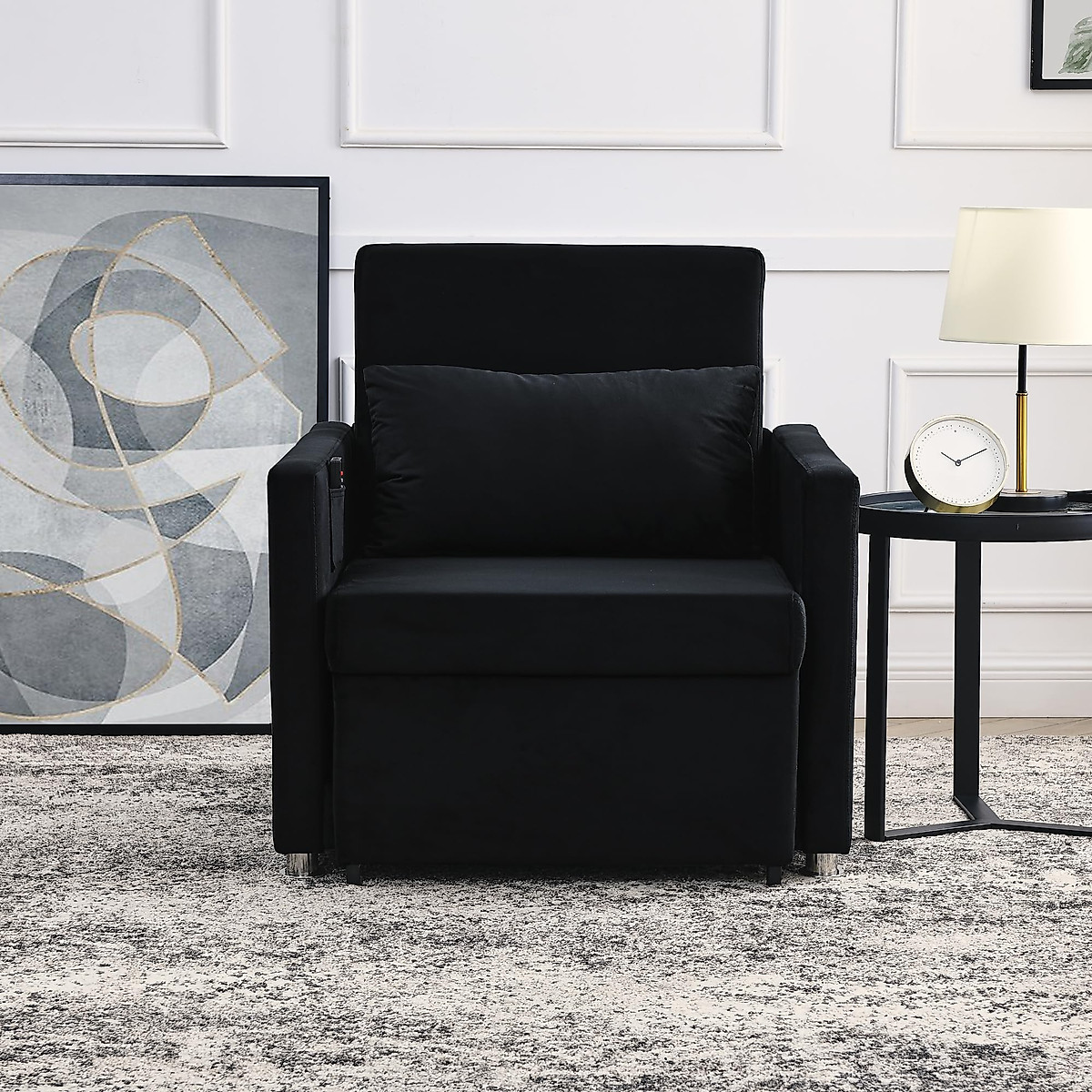 Futon Folding Single Chair Bed,Convertible Sleeper Sofa 2-in-1 Pull Out Lounge Chair Beds with Pillow&Pocket for Living Room Apartment Office（Black）