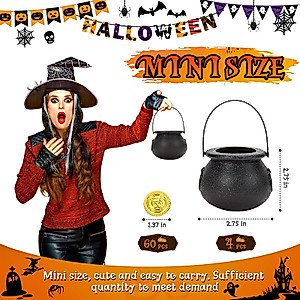 64 Pcs Halloween Mini Witch Cauldron Set Kettles 4 Pack Small Plastic Black Candy Cauldron Kettles with 60 Pieces Gold Coins Candy Holder Pot with Handle for Wizard Party Birthday Pirate Party