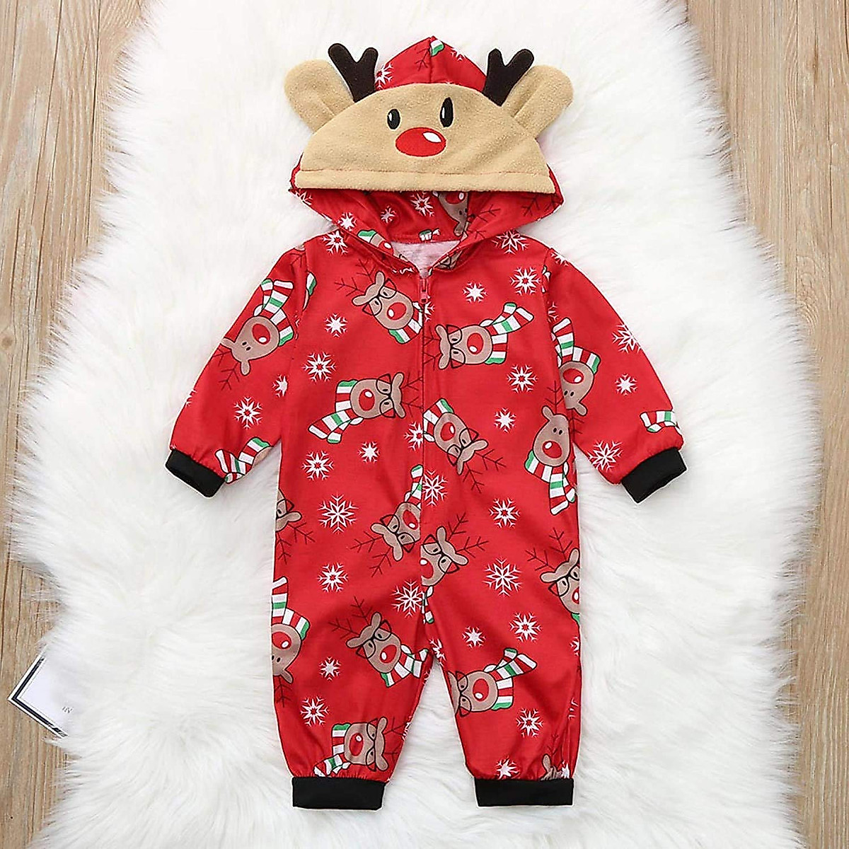Matching Family Christmas Pajamas Sets Elk Antler Hooded Romper PJ's Zipper Jumpsuit Loungewear(Men,S)