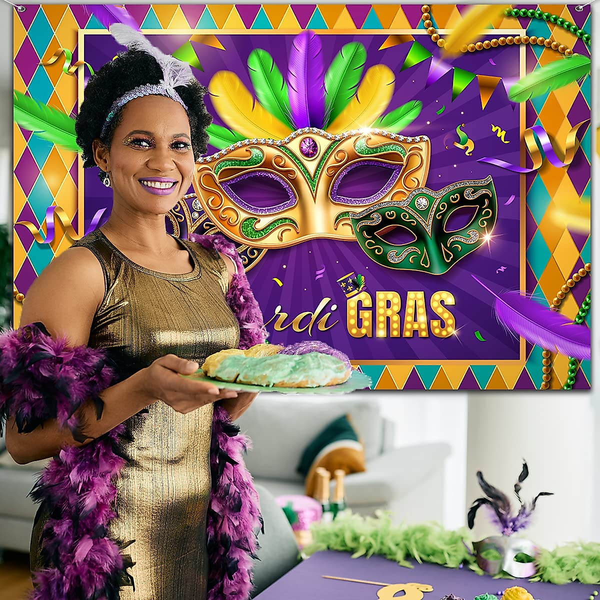 Mardi Gras Party Decorations - Mardi Gras Party Backdrop Banner Masquerade Dancing Banner Backdrop for Mardi Gras,New Orleans Masquerade Party Supplies