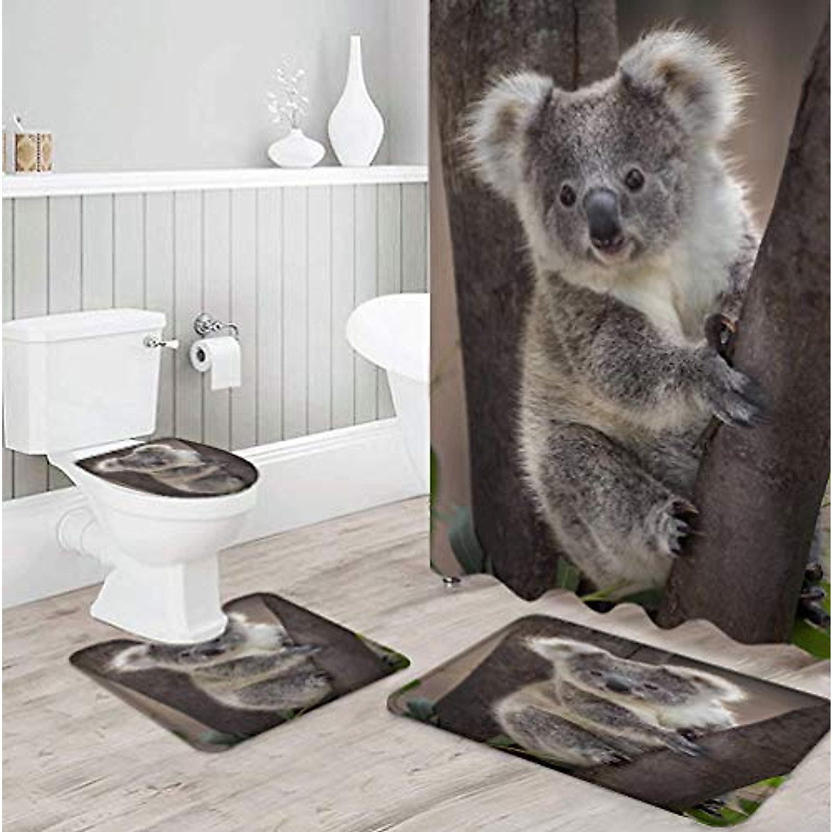 Big buy store 4 Pcs Shower Curtain Sets Cute Koala Bear Waterproof Fabic Bathroom Set with Non-Slip Rugs Toilet Lid Cover Bath Mat, Wild Animals Shower Curtain with Hooks -72x72 inch, Large