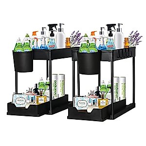 Under Sink Organizers and Storager,Under the Sink Organizer Kitchen Sink Organizer with Hooks, Hanging Cup,2-Tier Multi-purpose Holywarm Under Sink Organize,Bathroom Organizer, 2 Pack