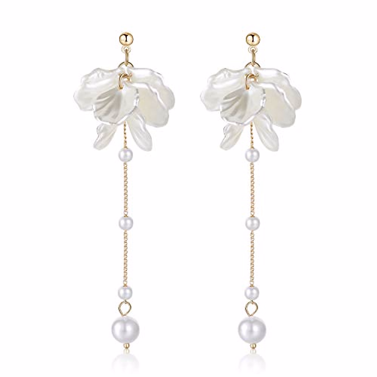 KRUCKEL White Pressed Flower Dangle Earrings | Golden Studs with Pearl like Drops | Hypoallergenic, Lightweight Jewelry for Women | Sparkle at Birthday, Anniversary, Graduation, Wedding