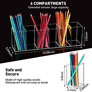 Jetec Acrylic Pencil Holder 6 Compartments Pen Holder Stationery Organizer Makeup Storage Box for Desk Accessories, Cosmetic Brushes, Office, Dorm, Bathroom, Kitchen Supplies (Clear)