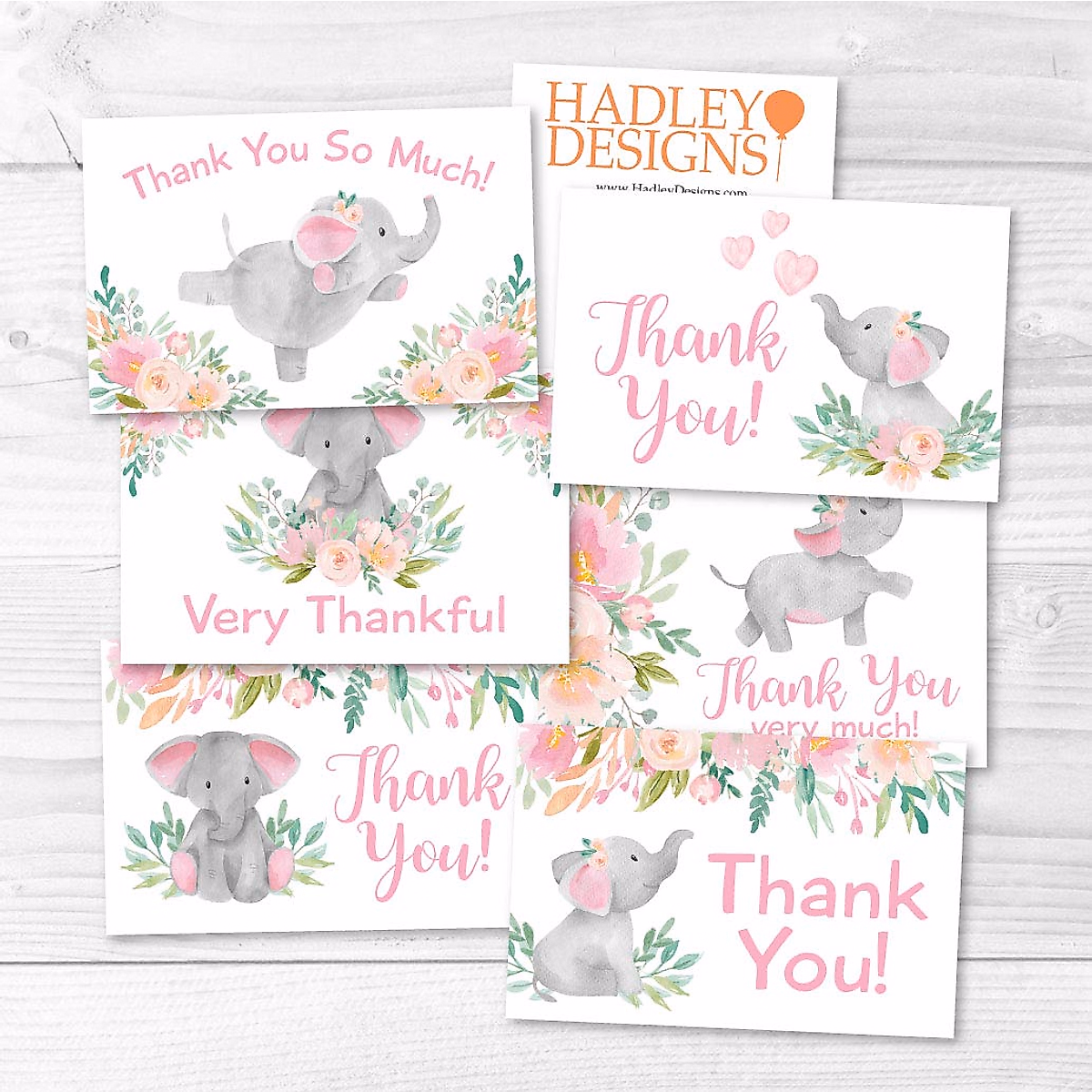 Hadley Designs 24 Pink Floral Elephant Baby Shower Thank You Cards With Envelopes, Kids Thank You Note, Vintage Animal 4x6 Varied Gratitude Card Pack For Party, Modern Event Stationery