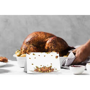 Table Place Card, Fall Harvest Thanksgiving Themed Tent Style Cards, Pack of 25 Half-Fold Reception Place Card with Pumpkin, Perfect for Thanksgiving Dinner, Party, Birthday, Wedding, Banquet A11