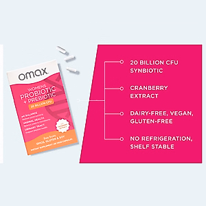 Omax Health Prebiotics and Probiotics Complex for Women, pH Balance, Vag Health, Urinary Tract, Yeast & BV Prevention, Lactobacillus & Bifidobacterium | Vegan, Organic, Gluten Free