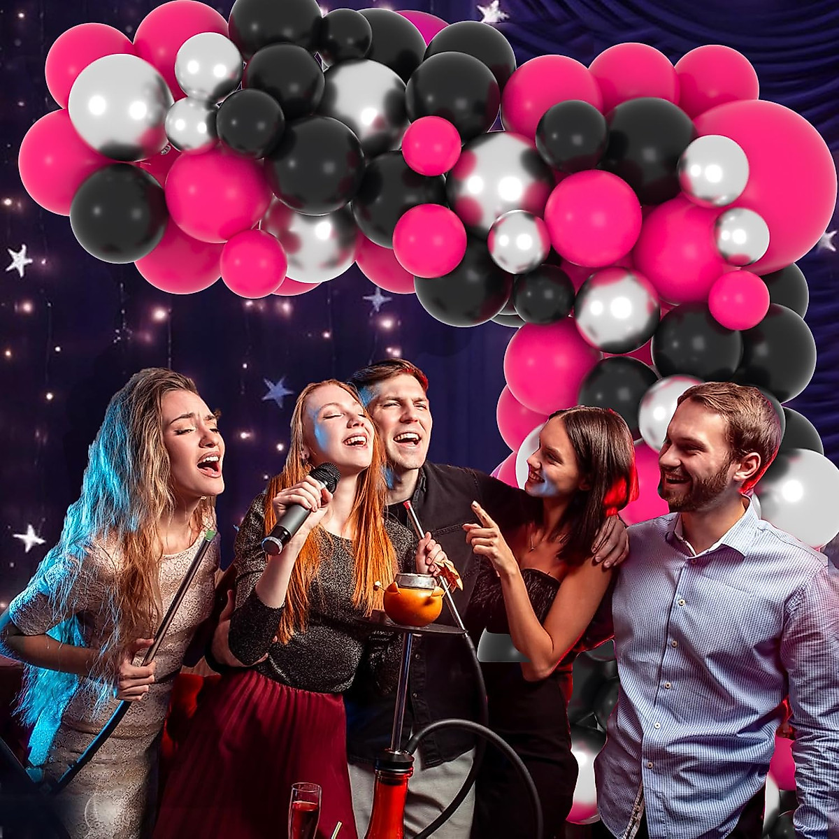 Hot Pink Black Balloon Garland Arch Kit, 122PCS Rose Red Black Hot Pink Balloons Metallic Silver Balloons for Birthday Wedding Engagement Baby Bridal Shower Anniversary Girl Spa Party Decorations