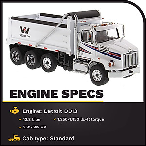Diecast Masters Western Star 4700 SB Dump Truck - White | Real Truck Specifications, Tandem with Lift Axle and Dump | 1:50 Scale Model Semi Trucks | Diecast Model 71034