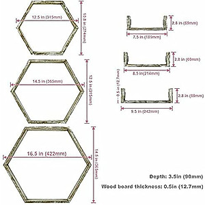 AlphaCo Rustic Wall Mounted Hexagonal Shelves for Living Room, Bedroom, Office or for Home Supplies in Bathroom or Kitchen, Round Wall Shelf, Set of 6 - Rustic Gray Wood 3 Hexagon Shelves-Boxes