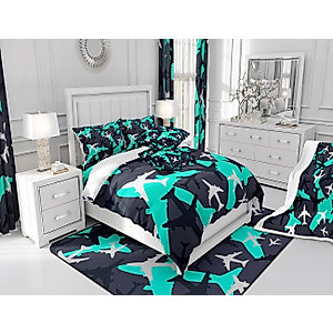 Homewish Cartoon Aircraft Comforter Set Queen Size Blue Green Airplane Bedding Set 3Pcs Army Camo Quilt Set for Kids Boys Teens Men Bedroom Decor Black White Camouflage Duvet Insert,2 Pillowcases