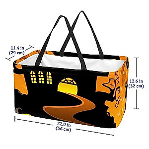 KQNZT Reusable Grocery Bags, Large Foldable Reusable Shopping Tote Bags Bulk for Groceries, Waterproof Kitchen Cloth Produce Bags with Long Handles, Halloween Bat Pumpkin Night