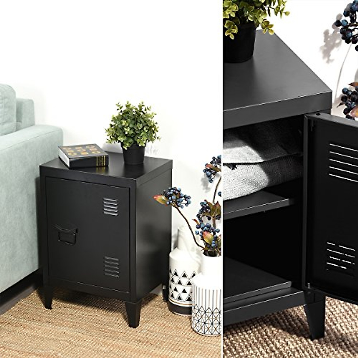 Homy Casa Inc Graves Solo Storage Lockers, Metal Black Nightstand, Metal Cabinet-Black