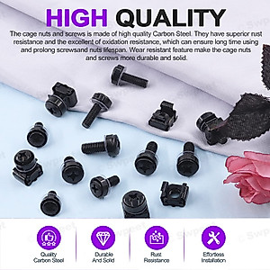 Swpeet 80Packs 4 Sizes M5 M6 Black Computer Mount Cage Nuts and Screws with Metal & Plastic Washers Assortment Kit, Square Hole Hardware Cage Nuts & Mounting Screws Washers