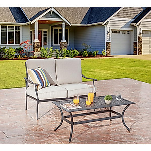 ARTLOFT Patio Loveseat with Coffee Table Outdoor Conversation Loveseat Porch Furniture Set Sofa for Balcony, Backyard, and Deck with Soft Cushions and Metal Table (White)