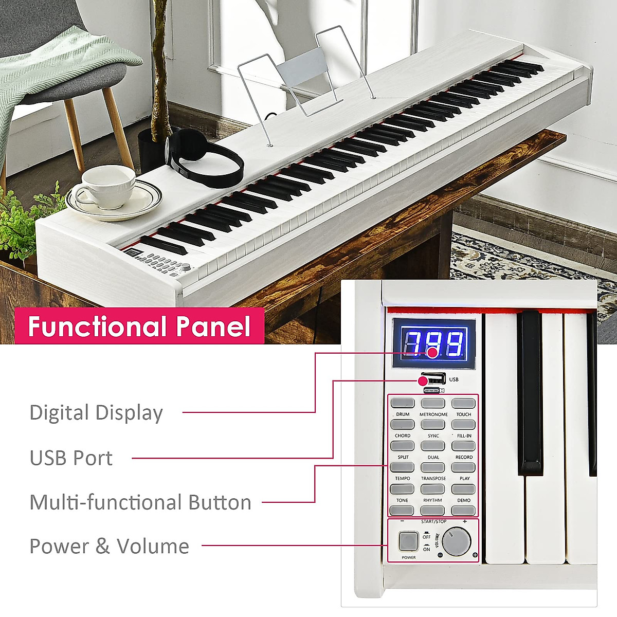 Safeplus Digital Piano 88 Key Full Size Weighted Keyboard, Electric Piano Portable with Sustain Pedal Power, Supply for Beginner Adults Practice (White)