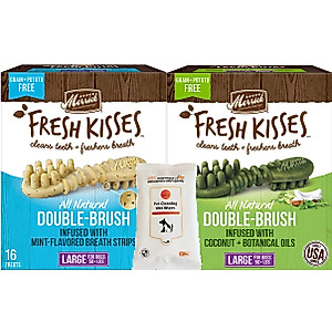 Aurora Pet Variety Pack (2) Merrick Fresh Kisses Double-Brush Large Dental Dog Treats (1) Coconut + Botanical Oils (1) Mint-Flavored Breath Strips with AuroraPet Wipes