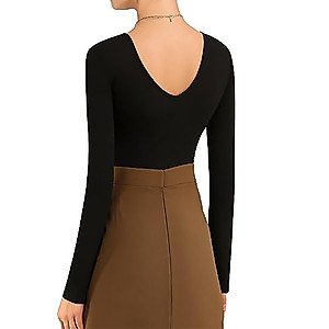 MANGOPOP Plunge V Neck Long Sleeve Body suits for Womens Sexy Bodysuit Going Out Tops (Black, Medium)