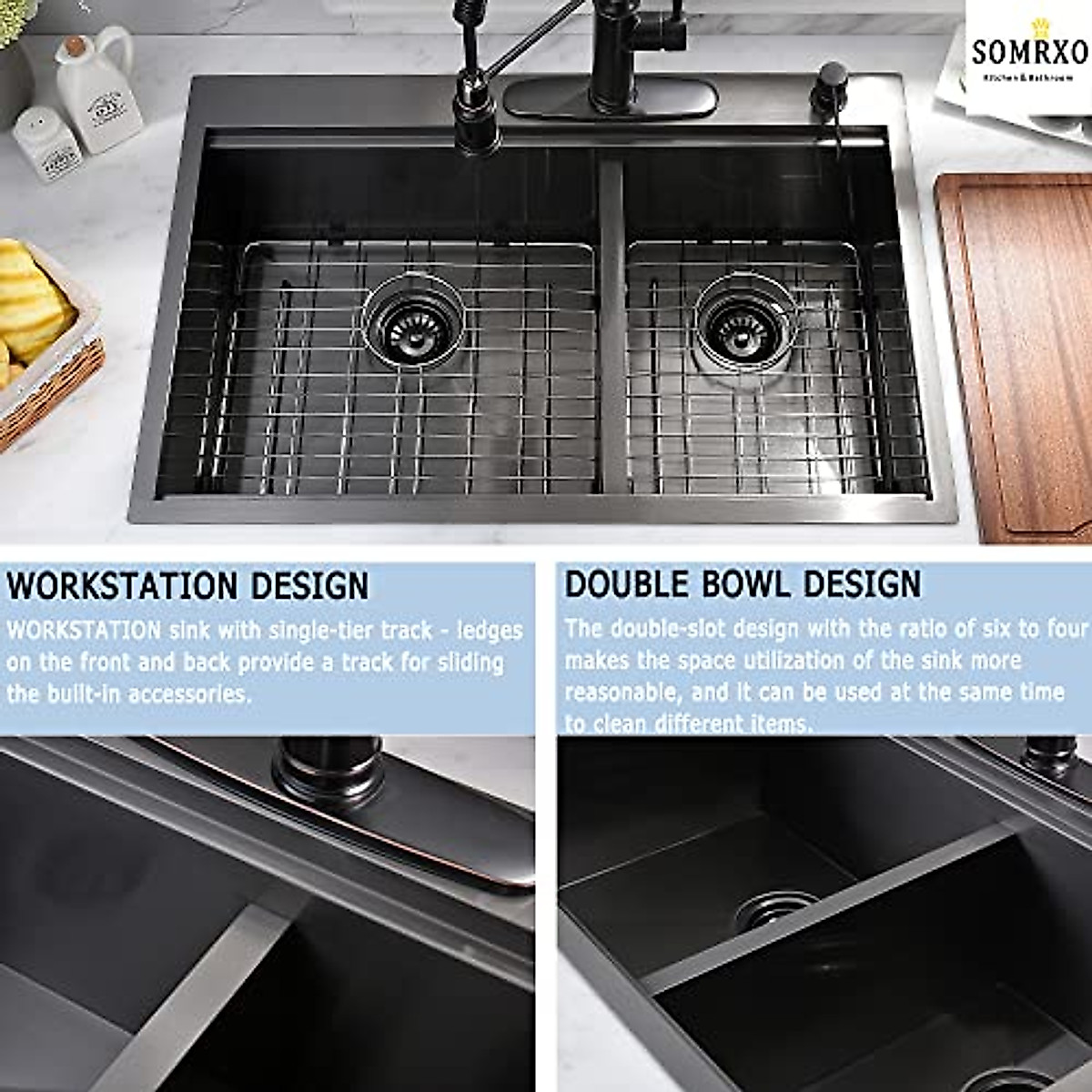 SOMRXO 28 Black Stainless Steel Kitchen Sink Double Bowl 28x22 Drop In Kitchen Sink Workstation Ledge 16 Gauge Gunmetal Black Kitchen Sink Topmount 10" Deep 40/60 Low-Divide Double Bowl Kitchen Sinks