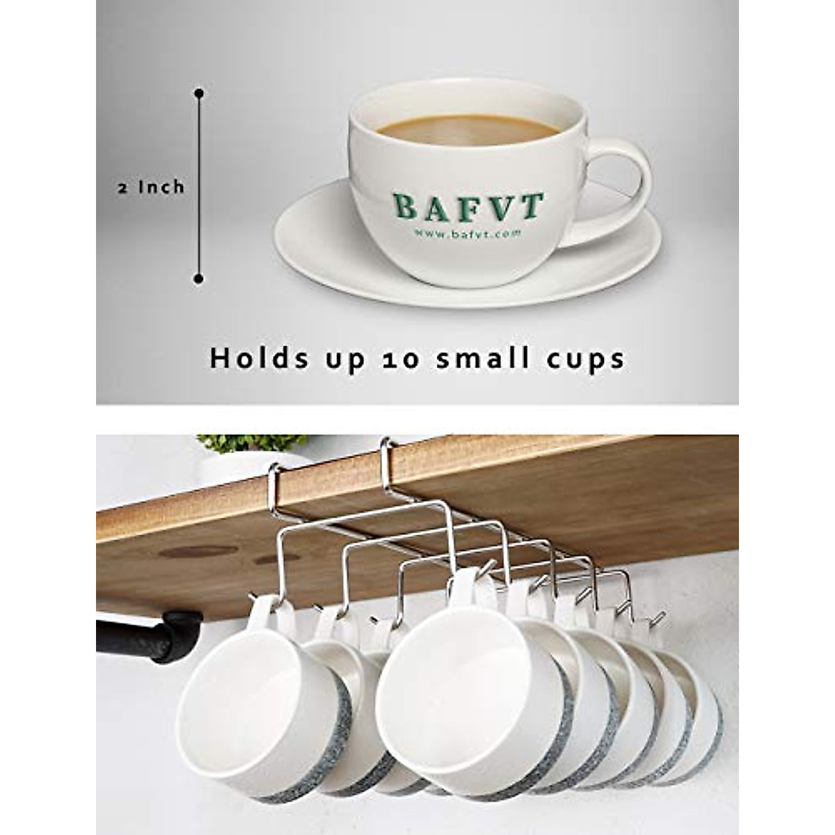 bafvt Coffee Mug Holder - 304 Stainless Steel Cup Rack Under Cabinet, 10Hooks, Fit for The Cabinet 0.8" or Less
