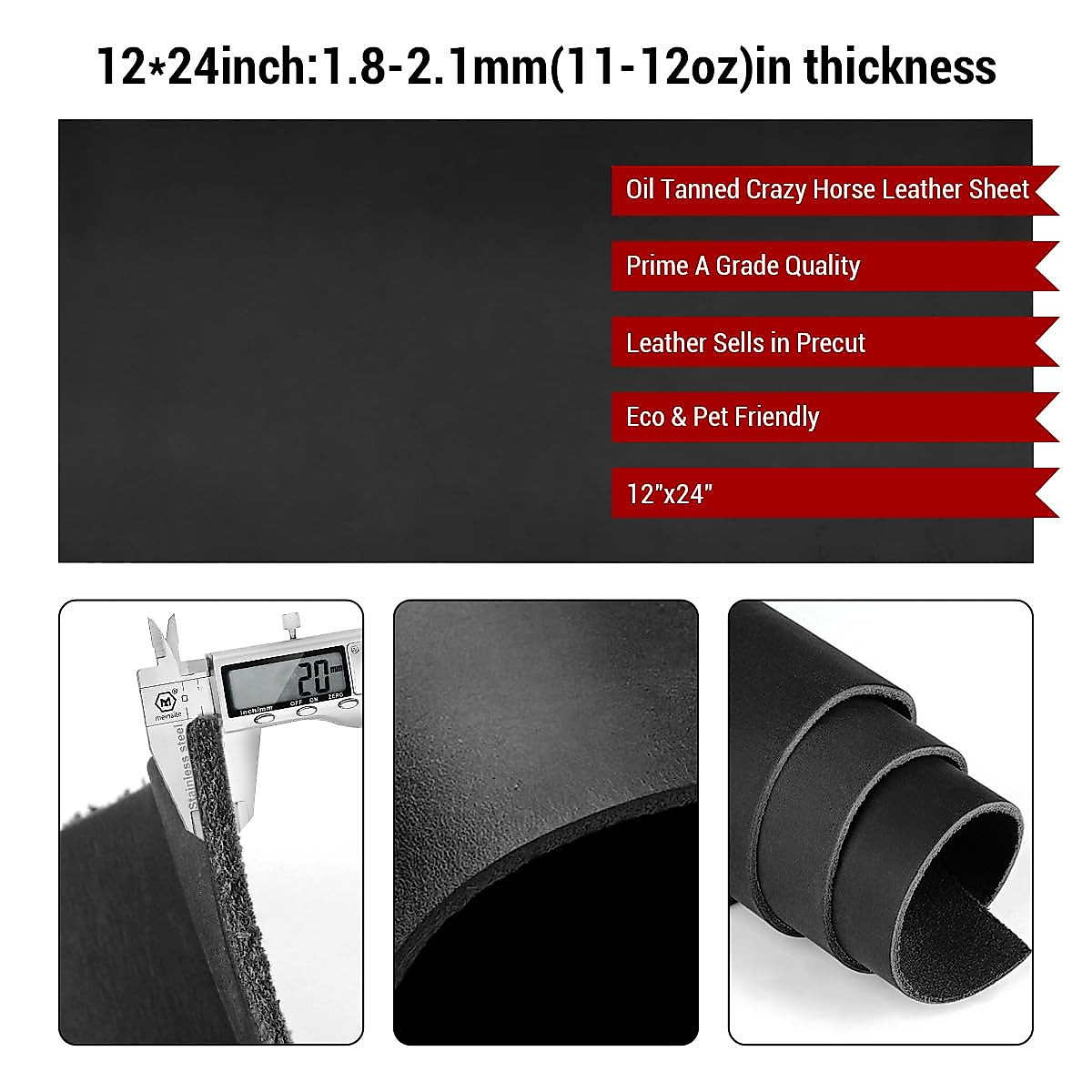 Black Full Grain Leather Sheets for Crafts, 12"x24" Genuine Tooling Leather Pieces Square Material Roll for Crafting Sewing Wallet Hobby Workshop 1.8-2.1 mm Thick