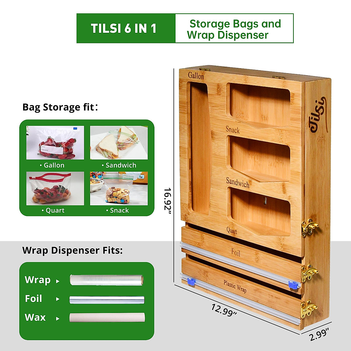 TILSI Storage Bag Organizer, Plastic Wrap Organizer and Dispenser with Cutter for Kitchen, Compatible with Gallon, Quart, Sandwich and Snack Variety Size Bag