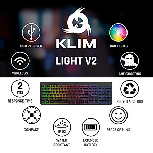 KLIM Wireless Bundle - RGB Mouse + Keyboard - Light v2 Wireless Gaming Keyboard + Blaze Wireless Gaming Mouse - Version New Version - Black