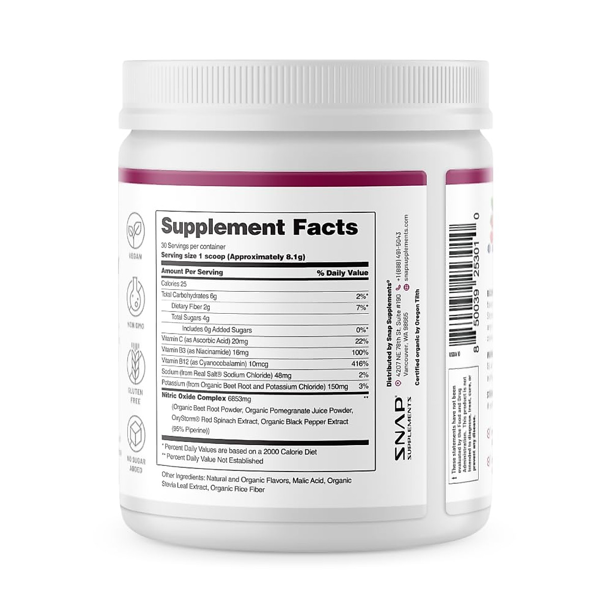 Snap Supplements USDA Organic Beet Root Powder, 3-in-1 Nitric Oxide Supplement, Support Healthy Blood Circulation, 250g (Mixed Berry)