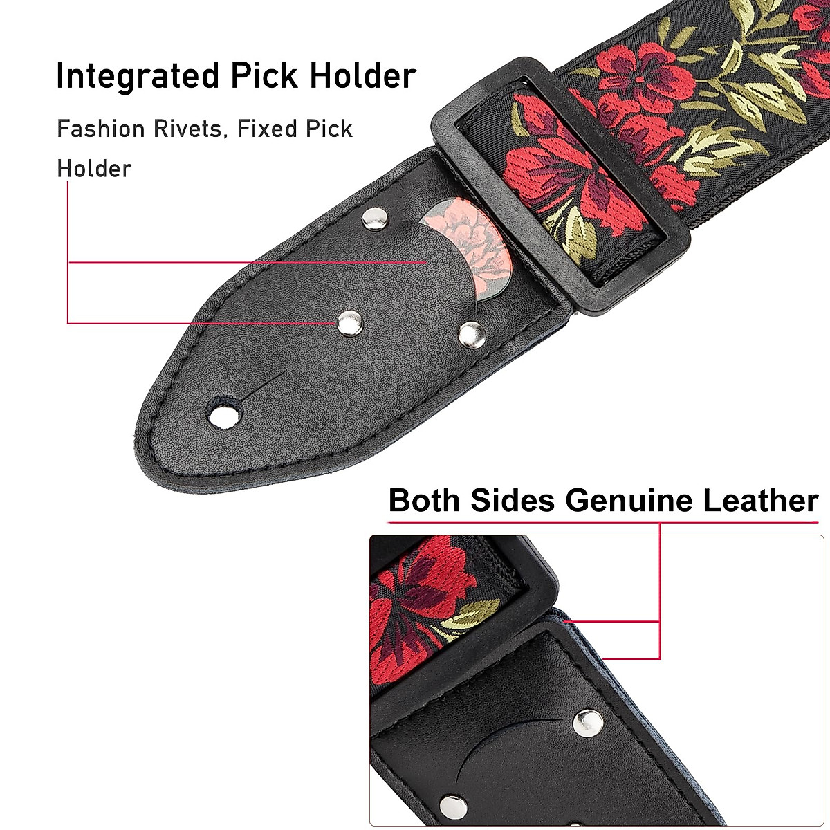 Adjustable Guitar Strap for Electric/Acoustic Guitar/Bass, Includes 2 Picks + Strap Locks + Strap Button, Cotton Jacquard Embroidered Genuine leather Ends Guitar Straps with 1 Pick Holder, Rose