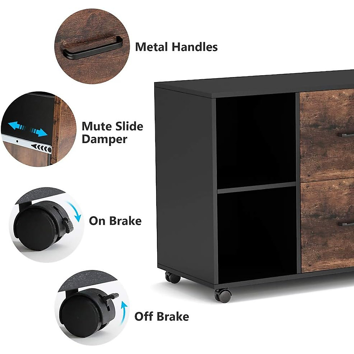 Tribesigns 2 Drawer File Cabinet, Large Mobile Lateral Filing Cabinet for Letter Size, Printer Stand with Storage Shelves and Rolling Wheels for Home Office (Black/Rustic)