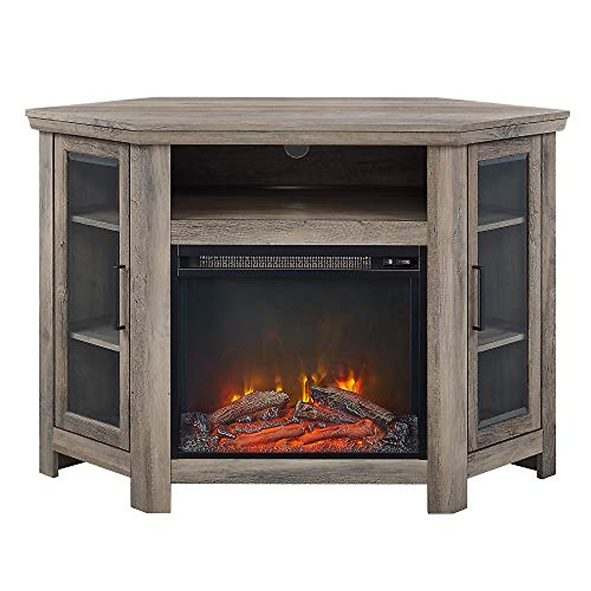 Walker Edison Alcott Classic Glass Door Fireplace Corner TV Stand for TVs up to 55 Inches, 48 Inch, Grey Wash