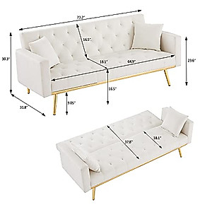 Tmosi Velvet 73'' Convertible Folding Futon Sofa Bed with Removable Armrests for Compact Living Space,Twin Size Loveseat Sofabed with 3 Adjustable Backrests for Bedroom (White)