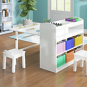 ijuicy Kids Art Table & Chair Set, Wooden Drawing Painting Craft Center, Wooden Activity Table & Chair Set with 6 Storage Boxes, Kids Craft Table for Boys, Girls (White)