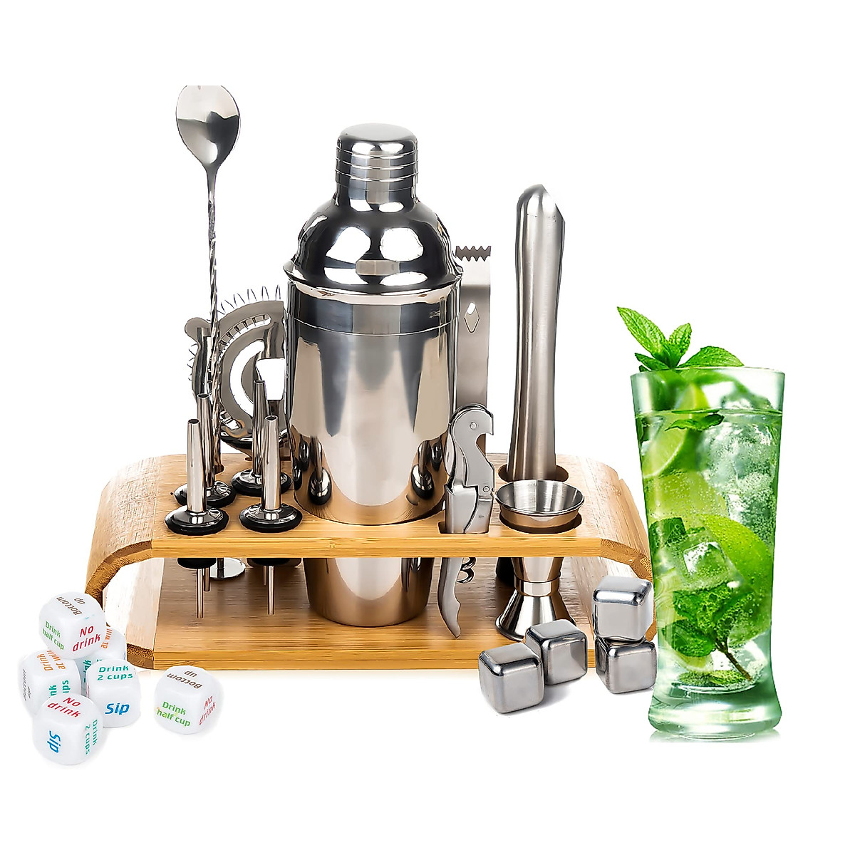 Bartender Kit - at Home Mixology Bar Kit, Bartender Set w/Jigger for Bartending, 25oz Martini Cocktail Shaker, Strainer, Mixer Spoon, Pourers, Muddler, Corkscrew, Bamboo Stand -21 Piece Bar Supplies