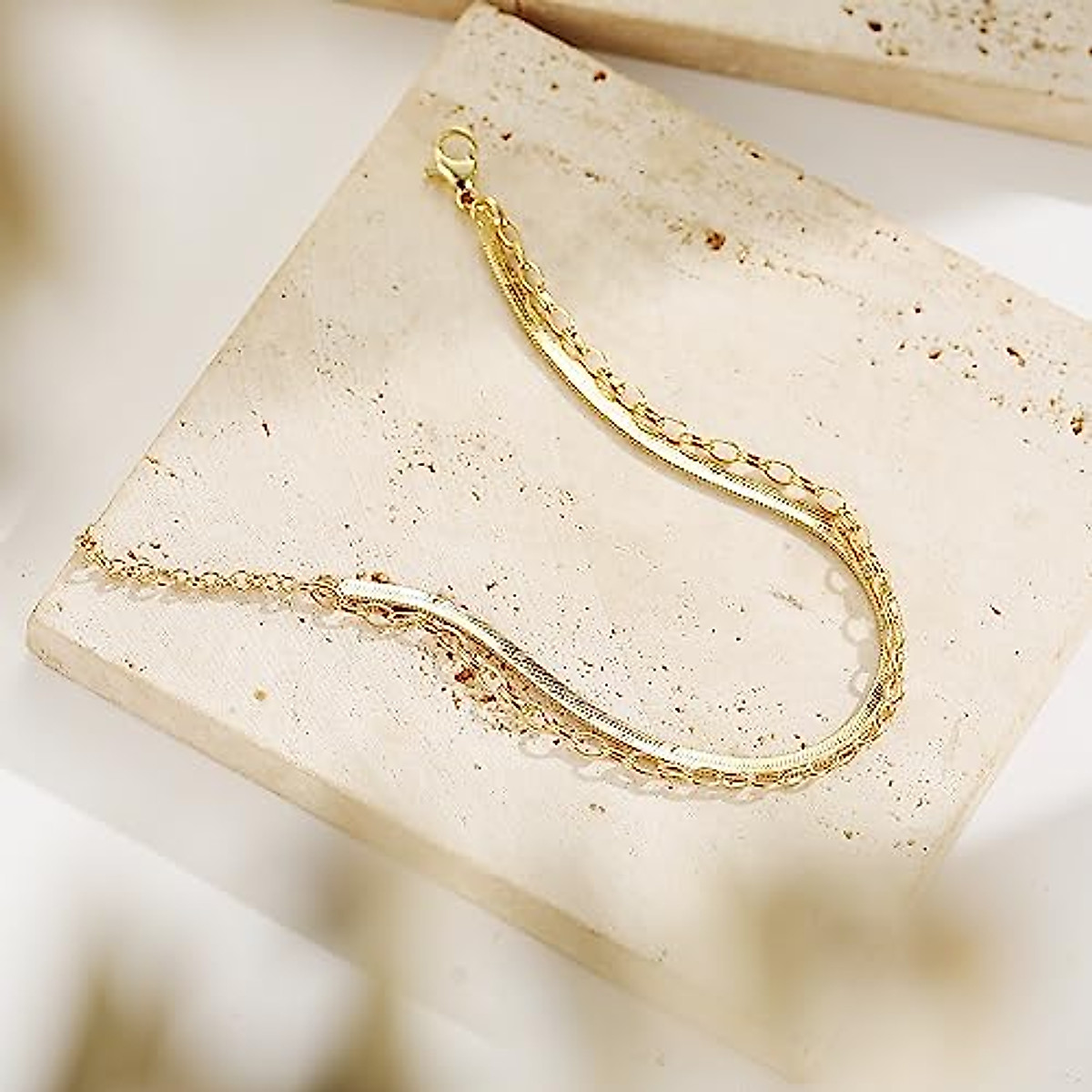 Pencros Gold Layered Bracelet,14K Gold Filled Dainty Herringbone Elegant Pearl Oval Chain Cute Beads Bracelet for Women (Layer Snake Chain Gold)