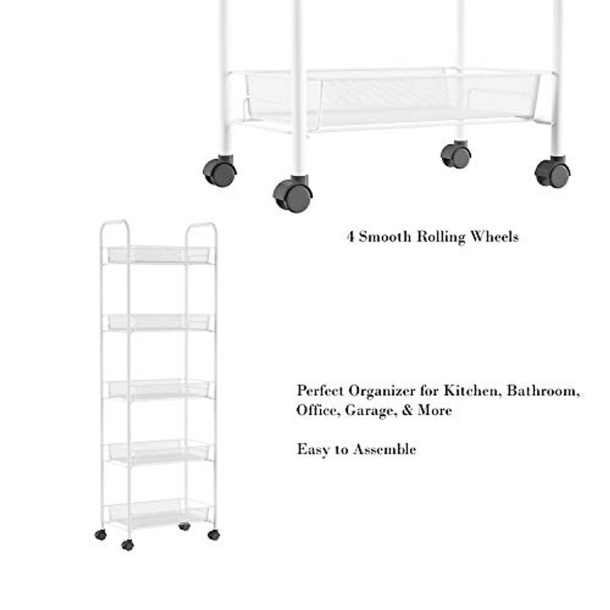 Lavish Home 5-Tiered Narrow Rolling Storage Shelves - Mobile Space Saving Utility Organizer Cart for Kitchen, Bathroom, Laundry, Garage or Office